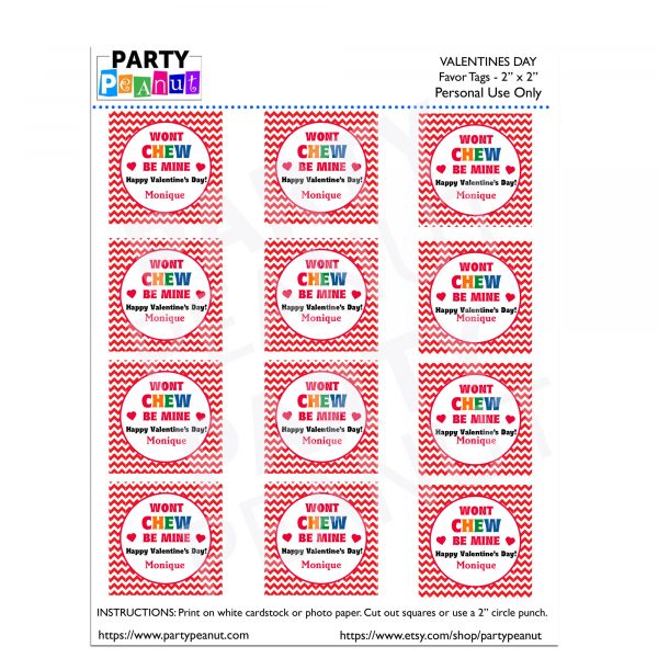 Wont CHEW Be Mine Valentines Day Favor Tags - Party Peanut